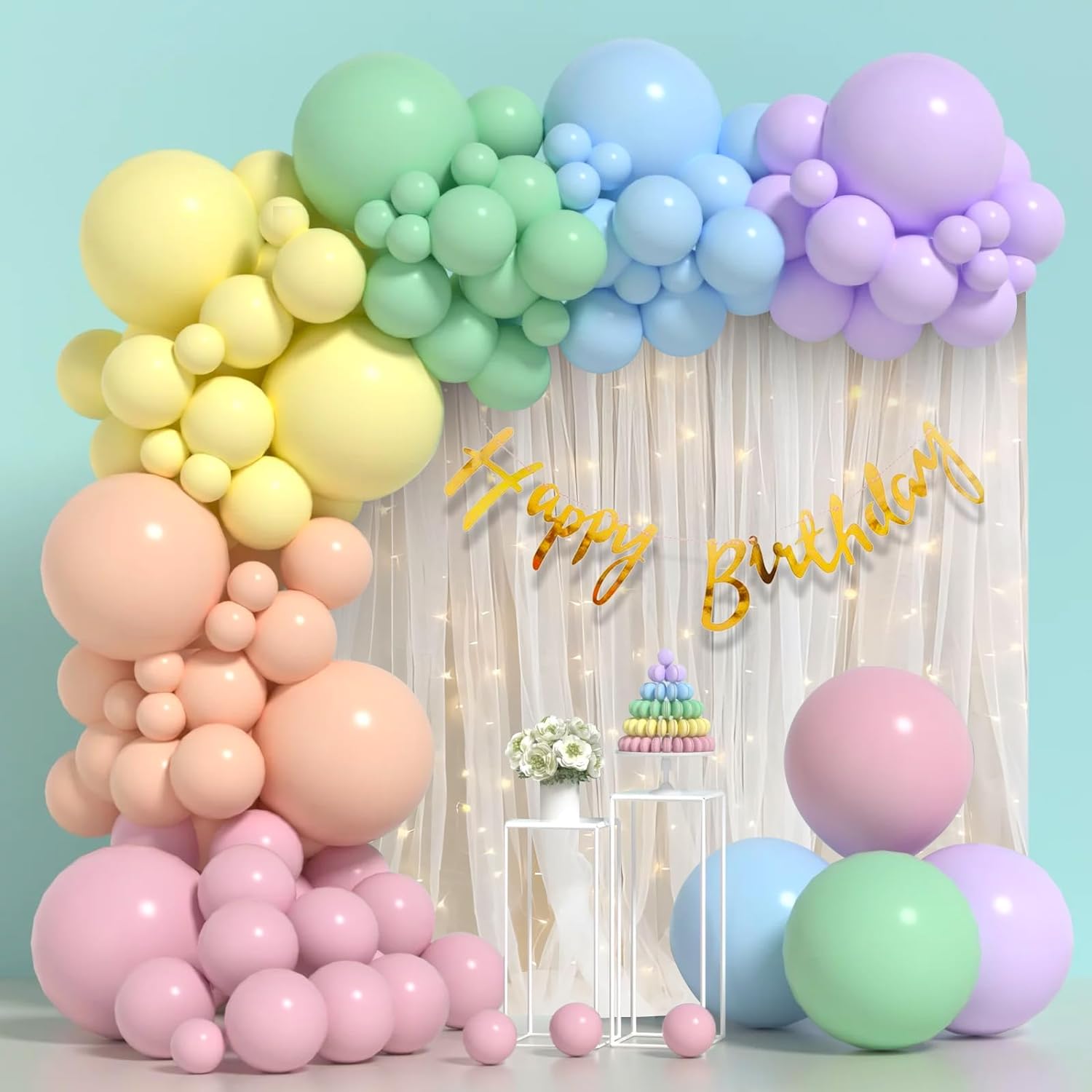 Pastel Birthday Decoration Items - 58 Pcs Rainbow Theme Happy Birthday ...