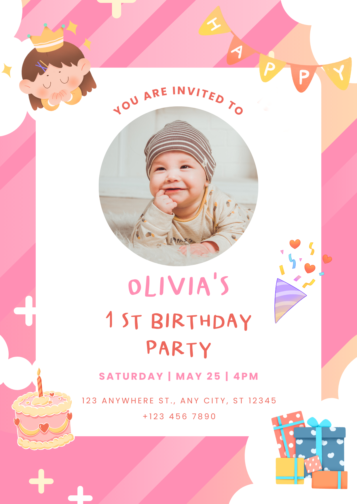 Customizable Pink Theme Baby Girl Birthday Invitation Card – PartyPropz